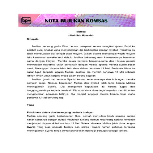 NOTA RUJUKAN - Cerpen Mellisa | PDF