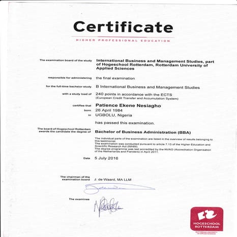 Rotterdam University Of Applied Sciences Certificate | PDF | Business Administration | Business