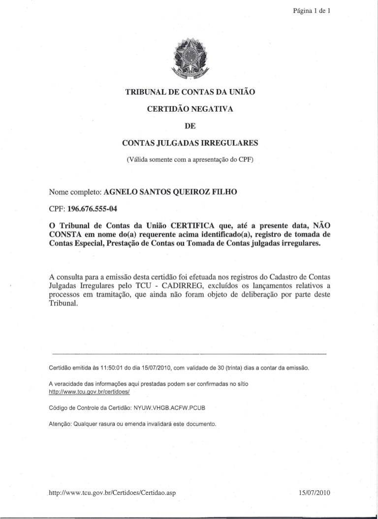 Certidão nada consta tcu agnelo queiroz