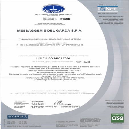 Certif. iso 14001 mdg nr. 21598 ambiente | PDF