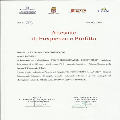 Certificate Receptionist Costa Crociere Spa | PDF