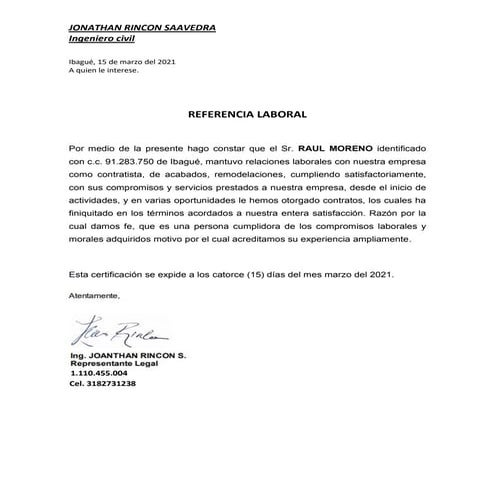 Certificación laboral raul moreno 2021 | PDF