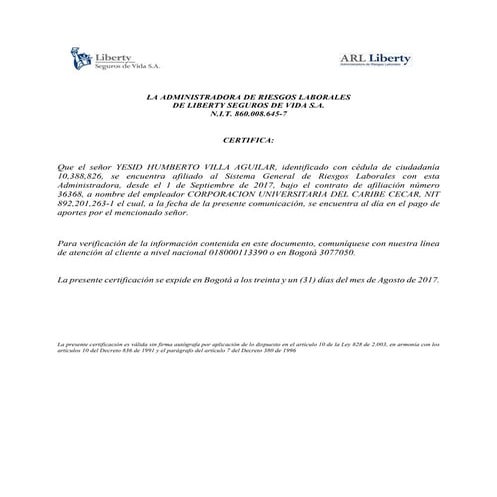 Certificacion ARL | PDF
