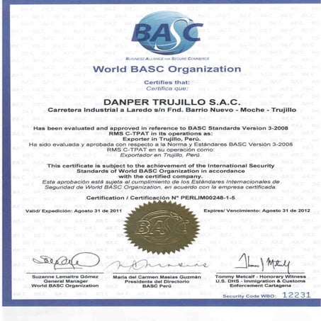 Danper - Certificado BASC | PDF