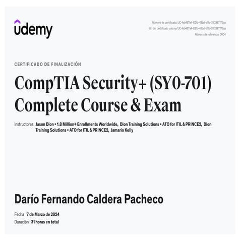 Certificado CompTIA Security+ Dario Caldera | PDF