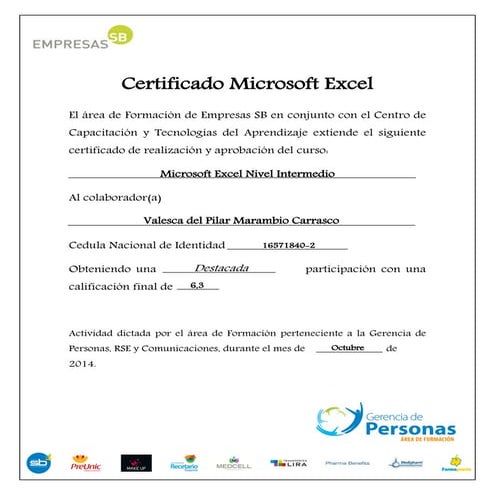 Certificado excel, intermedio, valesca marambio (1) | PDF | Computing | Technology & Computing