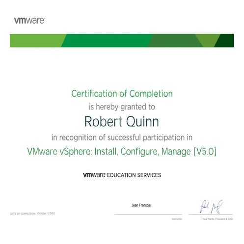 VMWare Course Complete Certificate | PDF