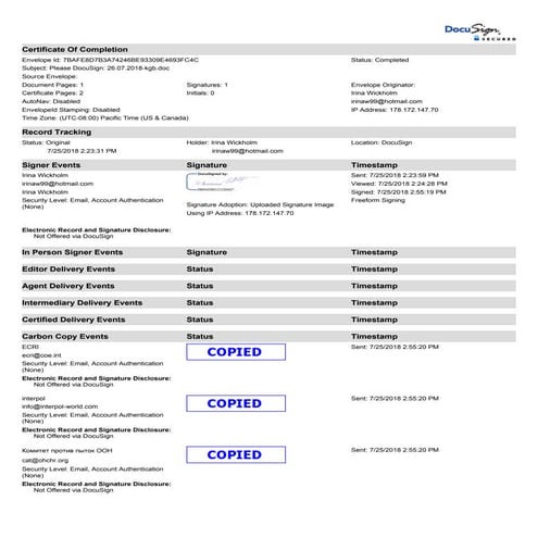 Certificate of digital signature of the statement dated 26 July 2018 | PDF