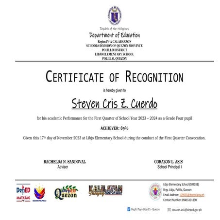 Honor certificate for the first quarter. | DOCX