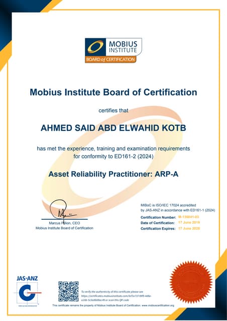 Certificate of Appreciation for Conducting the "Certified Maintenance Planner" Course - Ahmed ...