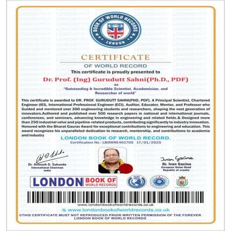 CERTIFICATE OF WORLD RECORD-DR PROF ING GURUDUTT SAHNI PHD, PDF | PDF