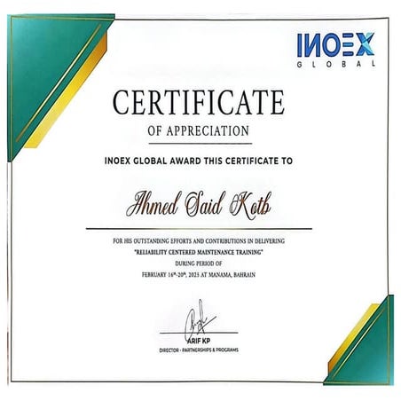 Certificate of Appreciation for Conducting the "Reliability Centered ...