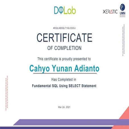 Certificate DQLAB Fundamental SQL Using SELECT Statement | PDF