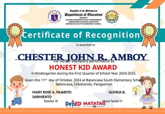 certificate of recognition first Quarter | PDF | Education