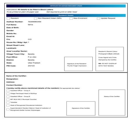 Format for updating address in Aadhar | PDF