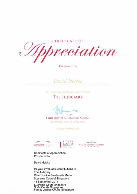 Certificate of Appreciation 2014 David Hoicka, New York State Courts | PPT