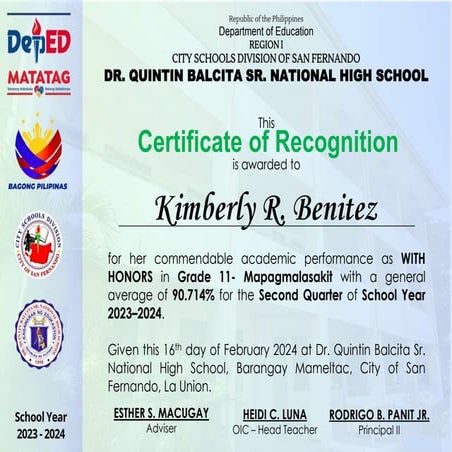 Certificate Recognition1- certificates of honor students | PPTX