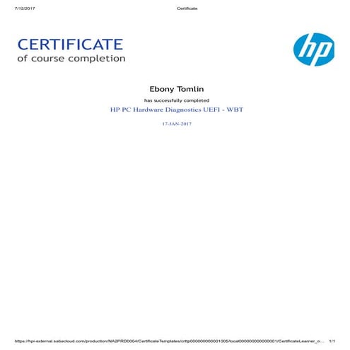 Certificate HP PC Hardware Diagnostics UEFI- WBT | PDF
