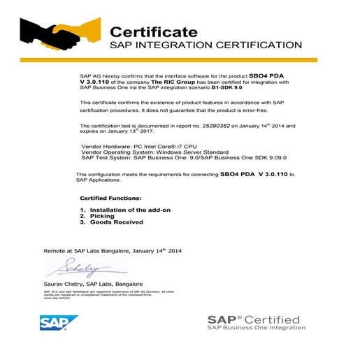 SAP Business One Integration Certificate | PDF