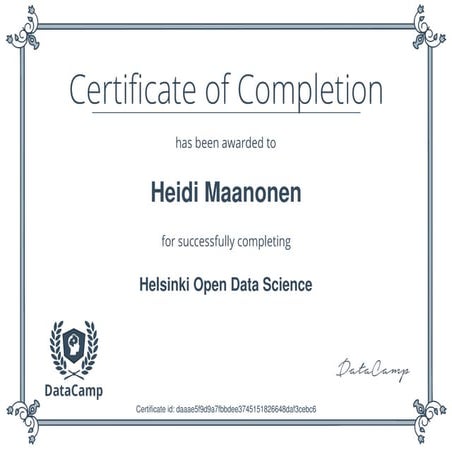 Certificate For Completing Helsinki Open Data Science Ppt 3326