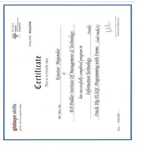 Certificateglobsynnsdcoracle 10g Plsql Programming With Formspdf 