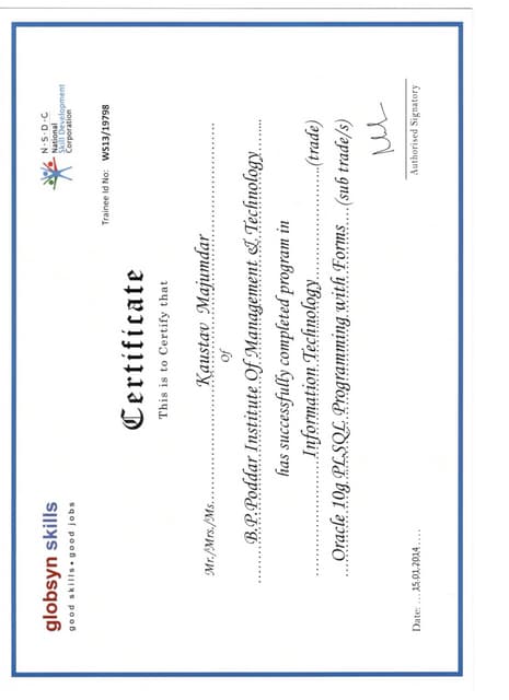 Certificateglobsynnsdcoracle 10g Plsql Programming With Formspdf
