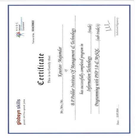 Certificate_Globsyn_NSDC_Programming With PHP 5.0 & MySQL.pdf