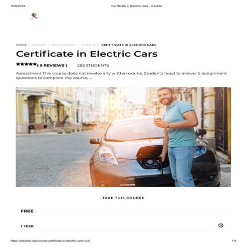 Certificate - Electric Cars - Technology Course | PDF