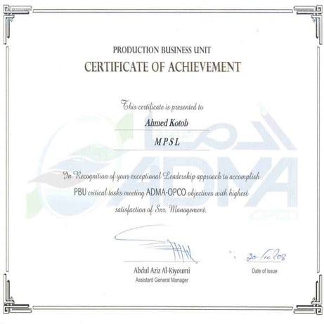 Certificate Of Achievement From Adma Opco Adnoc Offshore Company Ahmed Said Kotb Pdf