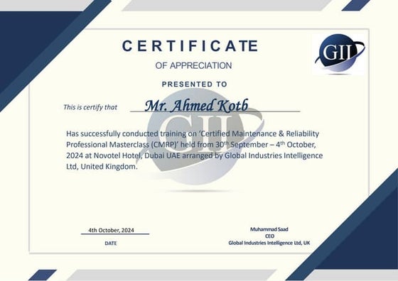 Certificate of Appreciation for conducting the "Certified Maintenance Planner (CMP)" course ...