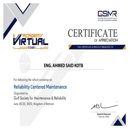 Certificate of Appreciation for Conducting the Reliability Centered ...
