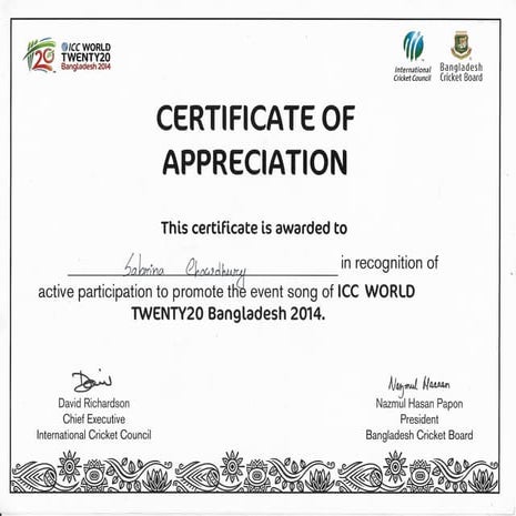 Certificate of appreciation ICC T20 2014 | PPT