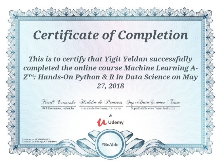Certificate of completion udemy machine learning