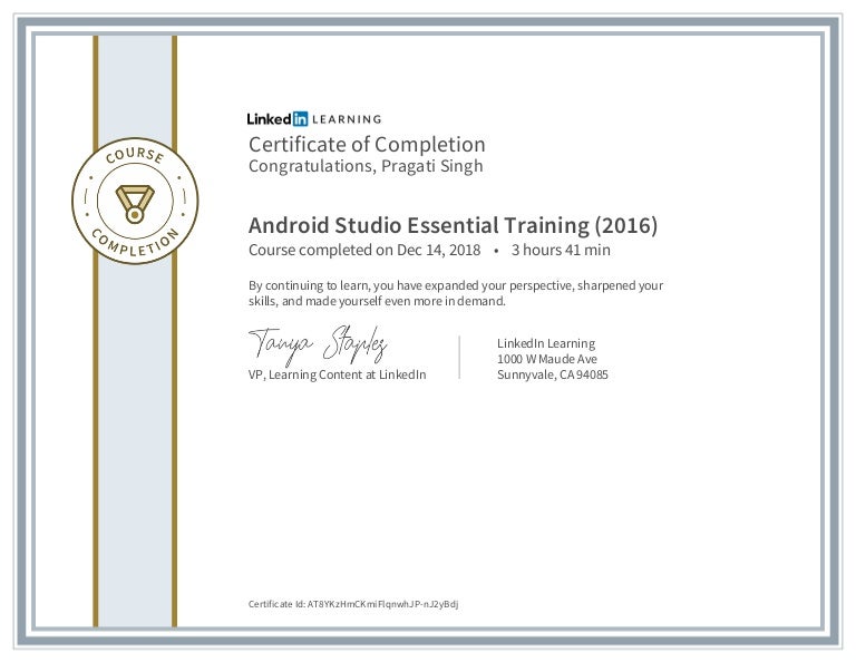 Certificate of completion android studio essential training 2016