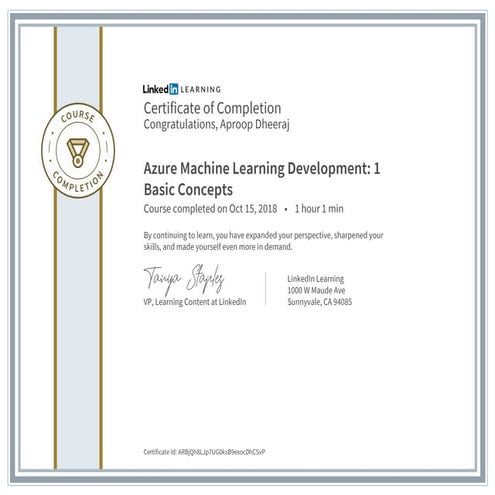 Certificate ofcompletion azure machine learning development 1 basic ...