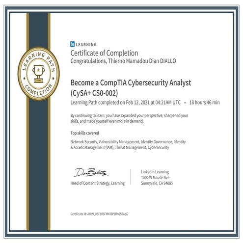 Certificate ofcompletion become a comptia cybersecurity analyst cysa ...