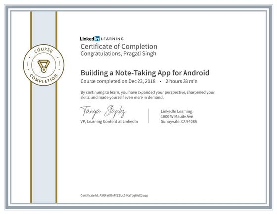 Certificate of completion android development essential training create your first app | PPT