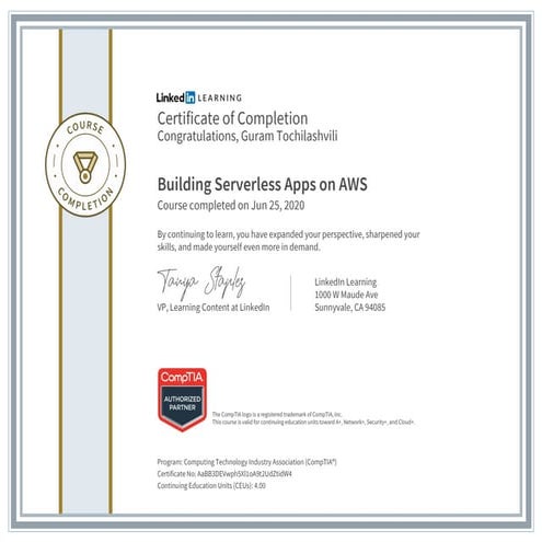 Certificate of completion building serverless apps on aws (comptia authorized partner) | PPT