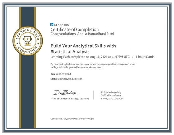 Certificate of Completion "Programming Foundations: Databases" on LinkedIn - Adelia Ramadhani ...