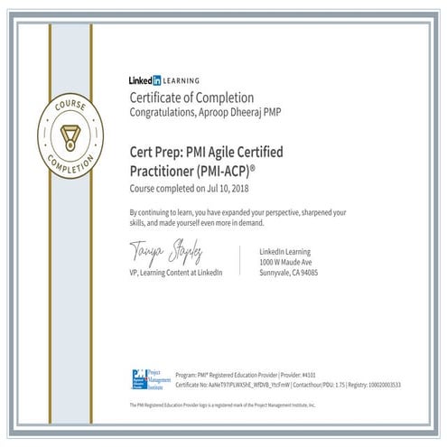Certificate ofcompletion cert prep pmi agile certified practitioner pmi ...