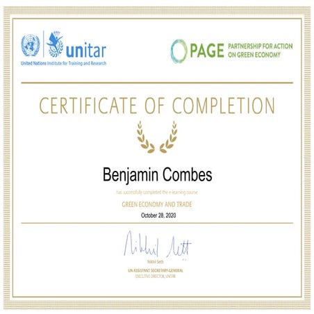Certificate of completion - Green Economy and Trade - COMBES Benjamin | PPT