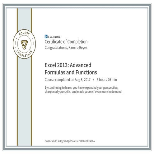 Certificate ofcompletion excel2013advancedformulasandfunctions | PDF