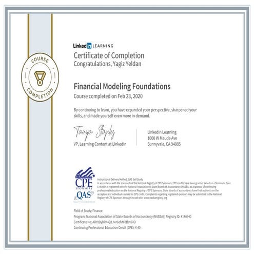Certificate of Completion Financial Modeling Foundations | PDF