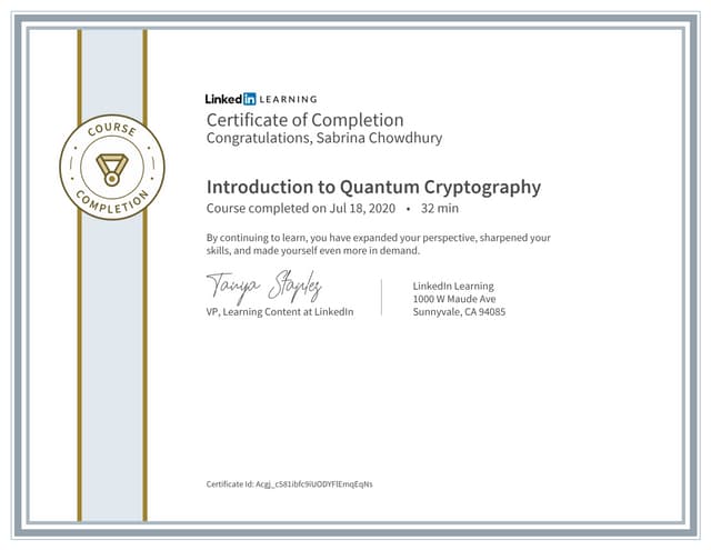 Certificate of Completion-Introduction to Quantum Cryptography | PPT Certificate of Completion-Introduction to Quantum Cryptography | PPT