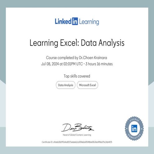Certificate of Completion in Learning Excel: Data Analysis | PDF | Technology & Computing
