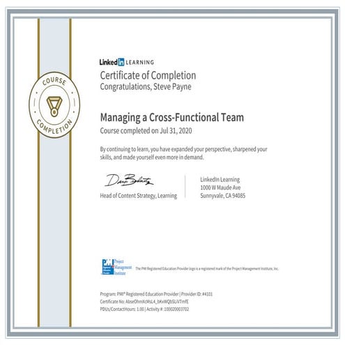 Certificate of Completion Managing a Cross-functional Team | PDF