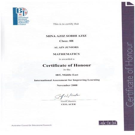 Certificate of Honor ACER - Mathematics | PDF | Educational Assessment | Education