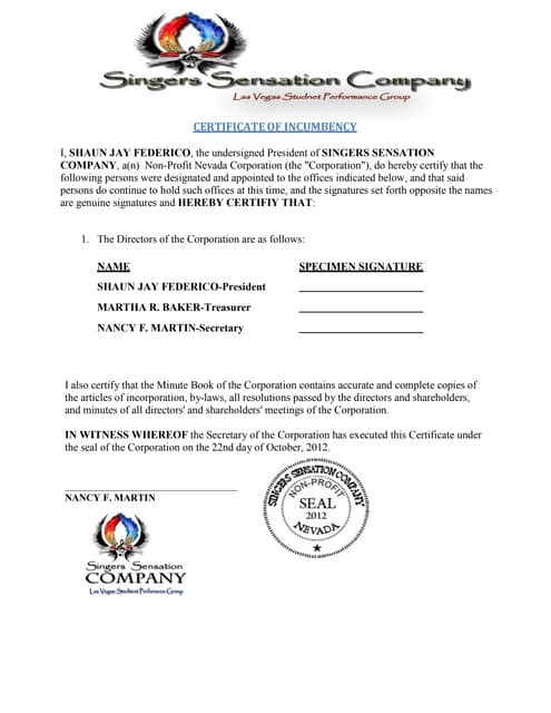Singers sensation corporate charter and good standing cert | PDF
