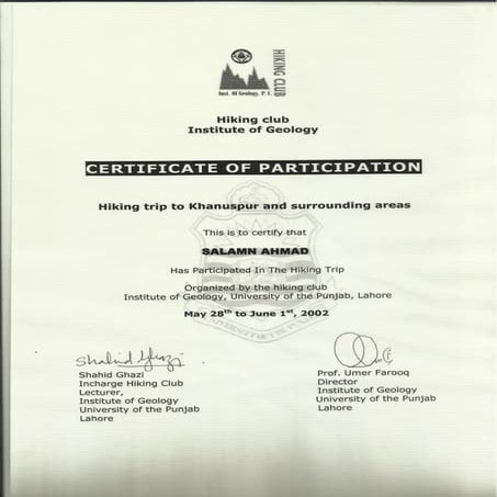 Certificate of participation in hiking trip punjab university | PDF