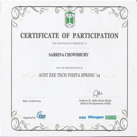 Certificate of participation in tech fiesta spring'14 | PDF